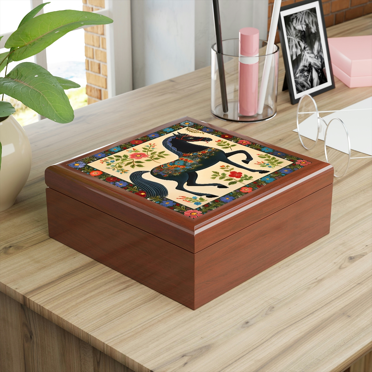 Rustic Folk Art Black Horse Design Wooden Keepsake Jewelry Box – Mowbi